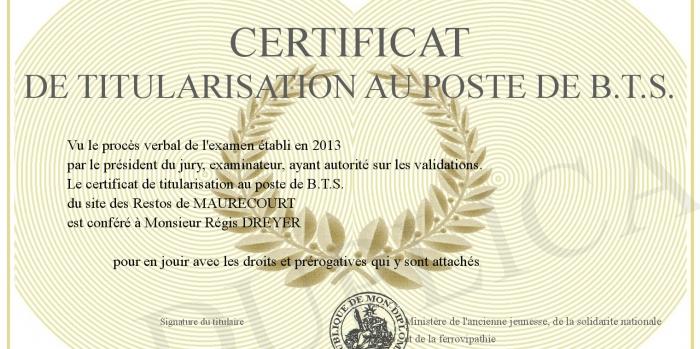 certificat de titularisation au poste de B.T.S. NFT